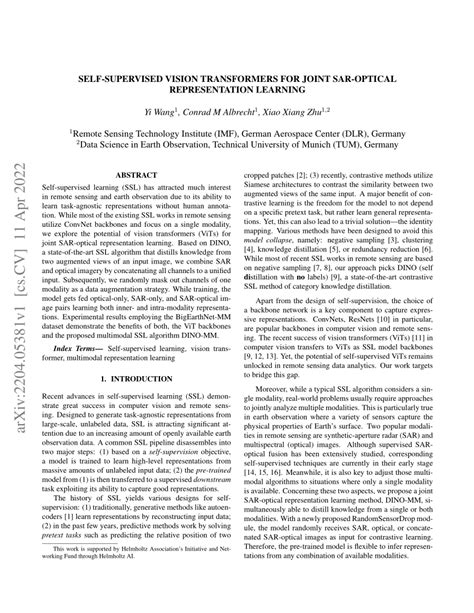 Pdf Self Supervised Vision Transformers For Joint Sar Optical