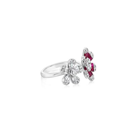 White Gold Diamond And Ruby Flower Ring Amor Fine Jewelry