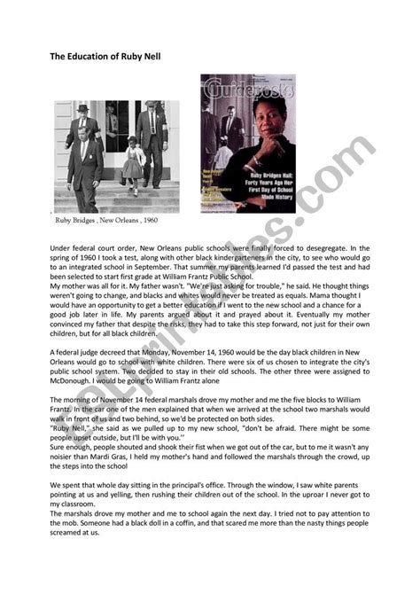 The Education Of Ruby Nell Bridges Esl Worksheet By Raunie