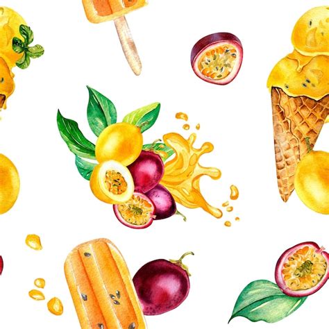 Padrão perfeito de maracujá amarelo roxo e aquarela de sorvete isolado