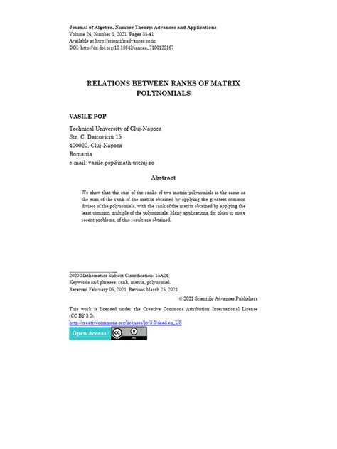 Relations Between Ranks Of Matrix Polynomials Pop Pdf Matrix