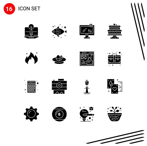 Set Of 16 Vector Solid Glyphs On Grid For Oil Fire Monitor Cakes Baking