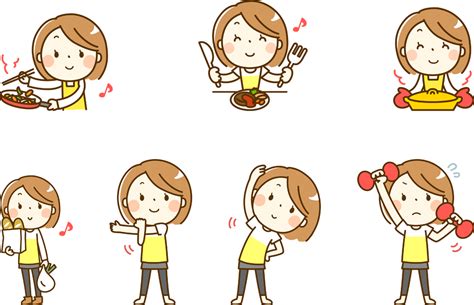 フリーイラスト 料理する、体操するなどの7種類の女性のセットでアハ体験 Gahag 著作権フリー写真・イラスト素材集