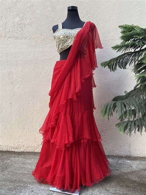 Red Ruffle Saree Priti Sahni East Boutique Ruffle Saree Designs