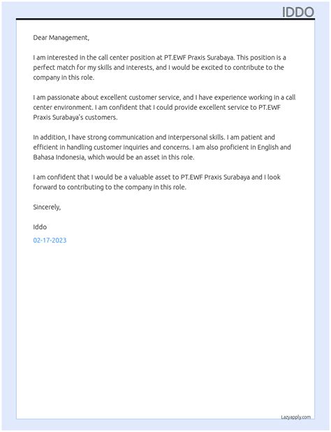 Cover Letter For PT EWF Praxis Surabaya LazyApply