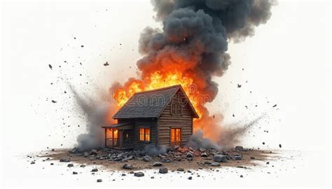 Illustration Of Exploding House On White Background Flames Smoke