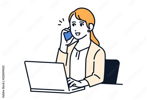 スマートフォンで通話をしながらノートパソコンで仕事をするスーツの女性のシンプルなベクターイラスト素材 Stock 벡터 Adobe Stock