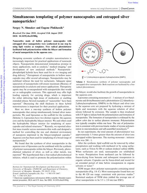 Pdf Simultaneous Templating Of Polymer Nanocapsules And Entrapped Silver Nanoparticles