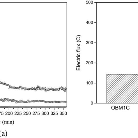 a current versus time plot for rcpt tests on ob based concretes and b