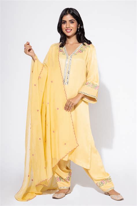 Buy Yellow Moss Satin Embroidered Mirror V Neck Floral Kurta Salwar Set
