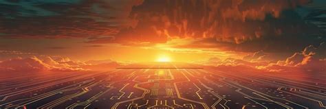 Premium Photo Sunset Over Digital Landscape With Circuit Patterns
