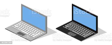 아이소메트릭 3d 벡터 일러스트 레이 션 개념 컴퓨터 노트북 전면 보기 및 다시 보기 3차원 형태에 대한 스톡 벡터 아트 및