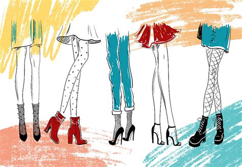 Hand Drawn Fashion Sketch Of Women Legs In Boots Sandals Shoes Girls