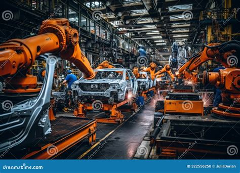 High Def Image Ai Controlled Robotic Assembly Line From Engineer S View In Bright Plant Stock