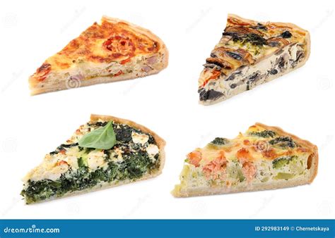 Pieces Of Different Quiches Isolated On White Set Stock Image Image