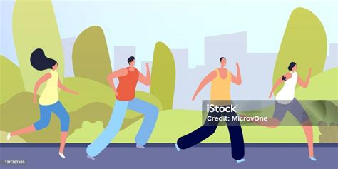 공원에서 실행합니다 활동적인 사람들 군중 자연에 실행 플랫 남자 여자 야외 스포츠 운동 젊은 친구 아침 조깅 벡터 일러스트