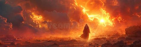 Man Standing Amidst Fiery Skies In The Desert Generative Ai Stock