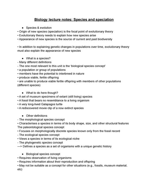 Biology Lecture Notes Species And Speciation Fossils Museum