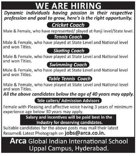 Arca Global Indian International School Uppal Campus Hyderabad Wanted