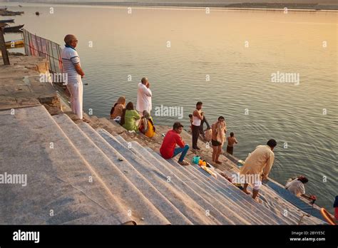 Early Morning Rituals On Riva Ghat At Varanasi India Morning Prayers