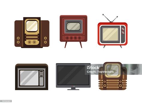 레트로 구식 Tv 또는 텔레비전 전송 장치 스크린 및 안테나 벡터 세트 개체 그룹에 대한 스톡 벡터 아트 및 기타 이미지