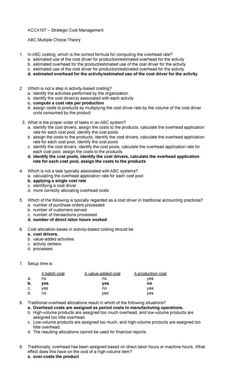 Abc Mcq Theory Activity Based Costing Acca107 Strategic Cost Management Abc Multiple