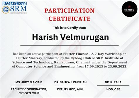 Harish Velmurugan On Linkedin Flutter Appdevelopment Srmramapuram Certificateofparticipation