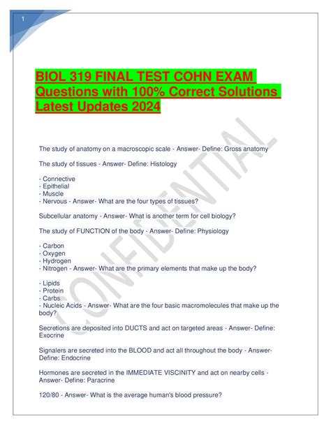 Biol 319 Final Test Cohn Exam Questions With 100 Correct Solutions