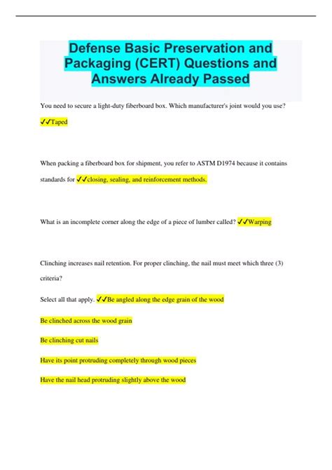 Defense Basic Preservation And Packaging Cert Questions And Answers Already Passed Defense