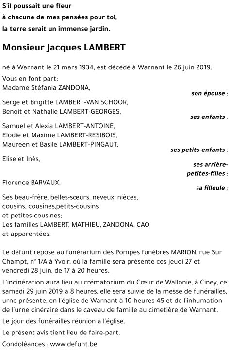 Avis de décès de Jacques LAMBERT décédé le à Warnant annonce condoléances fleurs