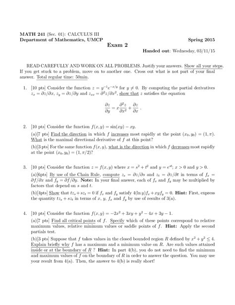 Calculus Iii Exam Hand Out To Solve Math 241 Docsity