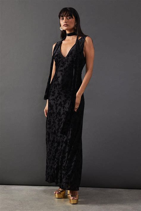 Dresses Burnout Jacquard Tie Neck Plunge Maxi Dress Warehouse