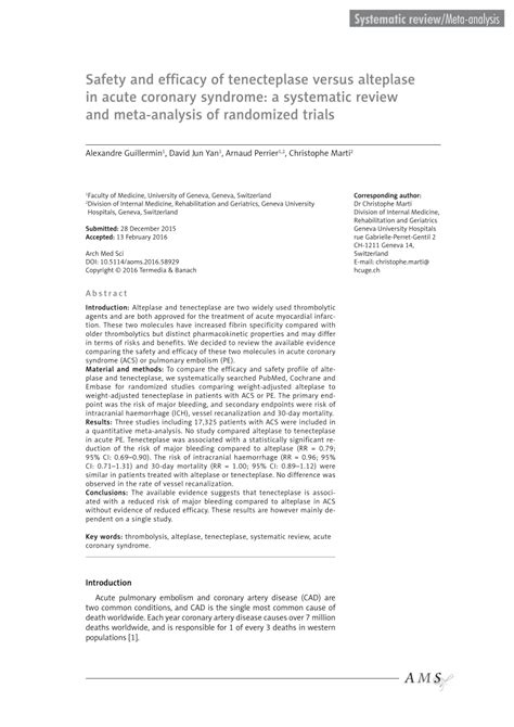 Pdf Systematic Reviewmeta Analysis Safety And Efficacy Of Tenecteplase Versus Alteplase In