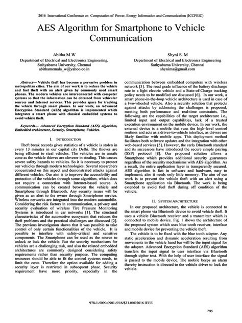 Aes Algorithm For Smartphone To Vehicle Communication Pdf Bluetooth