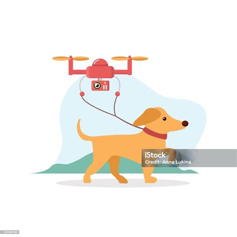 쿼드로콥터가 개를 원격으로 산책합니다 쾌활한 실행 강아지는 무인 항공기를 비행에 의해 끈에 자신의 산책 벡터 플랫 아트 현대 미래의 기술 일러스트레이션 가정 생활에 대한