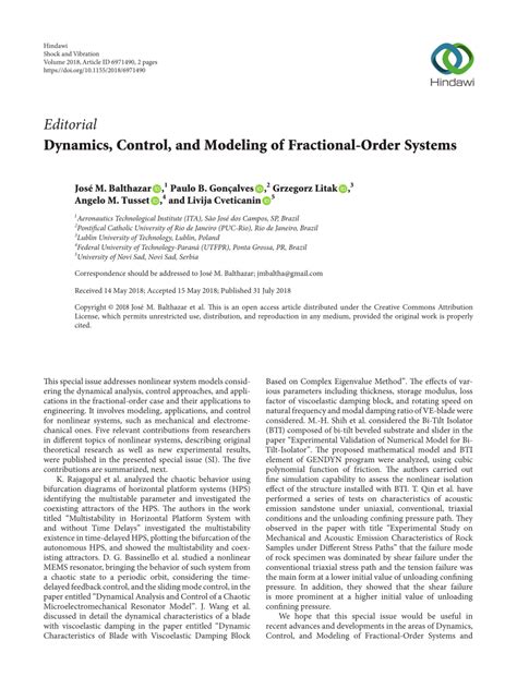 PDF Dynamics Control And Modeling Of Fractional Order Systems