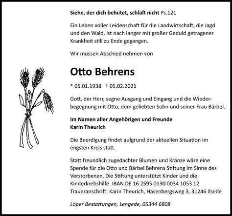 Traueranzeigen Von Otto Behrens Trauer Anzeigende