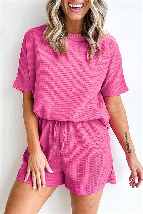 72 Wholesale Rose Red Casual Textured Tee And Drawstring Shorts Set