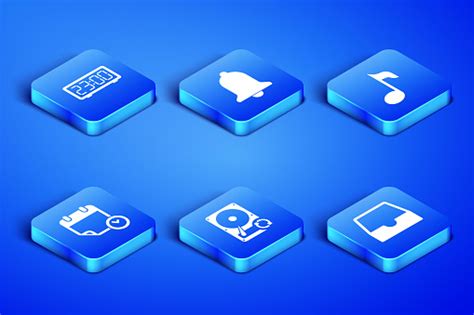 설정 소셜 미디어 받은 편지함 디지털 알람 시계 하드 디스크 드라이브 Hdd 동기화 새로 고침 달력 및 벨과 음악 노트 톤 아이콘을 울리는 벡터 3차원 형태에 대한 스톡