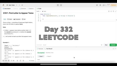 Day 332 Leetcode Problem 2351 First Letter To Appear Twice Swift