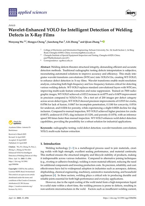 Pdf Wavelet Enhanced Yolo For Intelligent Detection Of Welding Defects In X Ray Films