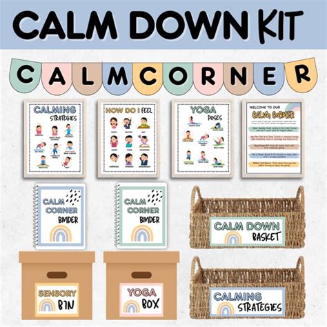 Calm Down Corner Kit Pastel Boho Rainbow Theme Banner Yoga Posters