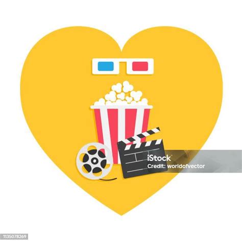 3d 종이 레드 블루 안경입니다 오픈 클 래퍼 보드 영화 릴 팝콘 심장 모양 나는 영화 아이콘 세트를 사랑 해요 평면 디자인