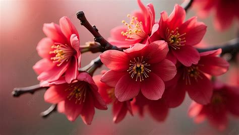 Beautiful Red Cherry Blossoms On Branches Background Cherry Red