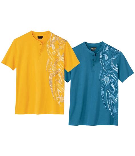 Pack Of 2 Mens Button Neck T Shirts Yellow Blue Atlas For Men