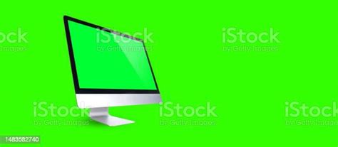 데스크톱 또는 Pc 빈 화면 템플릿입니다 컴퓨터 오픈 뷰 밝은 녹색 배경에 빈 녹색 화면 배너 복사 공간 3d 일러스트레이션