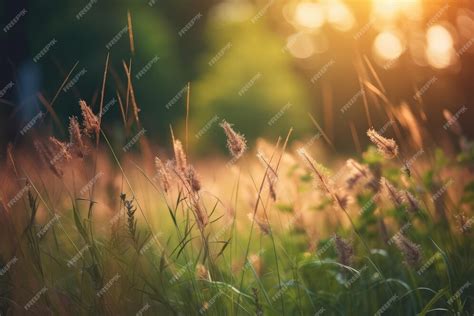 Premium Ai Image Wild Grass In The Forest At Sunset Macro Image