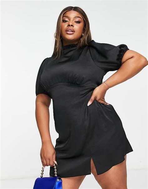 Asos Design Curve Hochgeschlossenes Minikleid Aus Satin In Schwarz