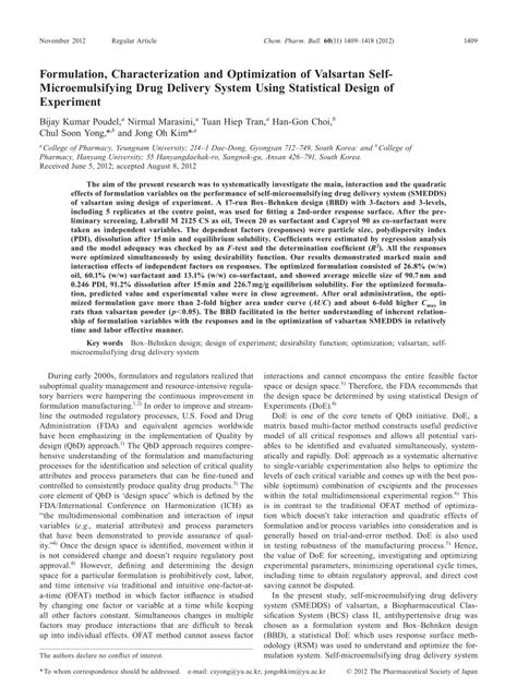Pdf Formulation Characterization And Optimization Of Valsartan Self