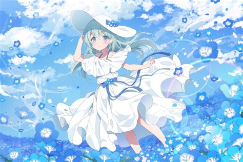 Safebooru 1girl Arms Up Bare Shoulders Blue Flower Blue Hair Blue